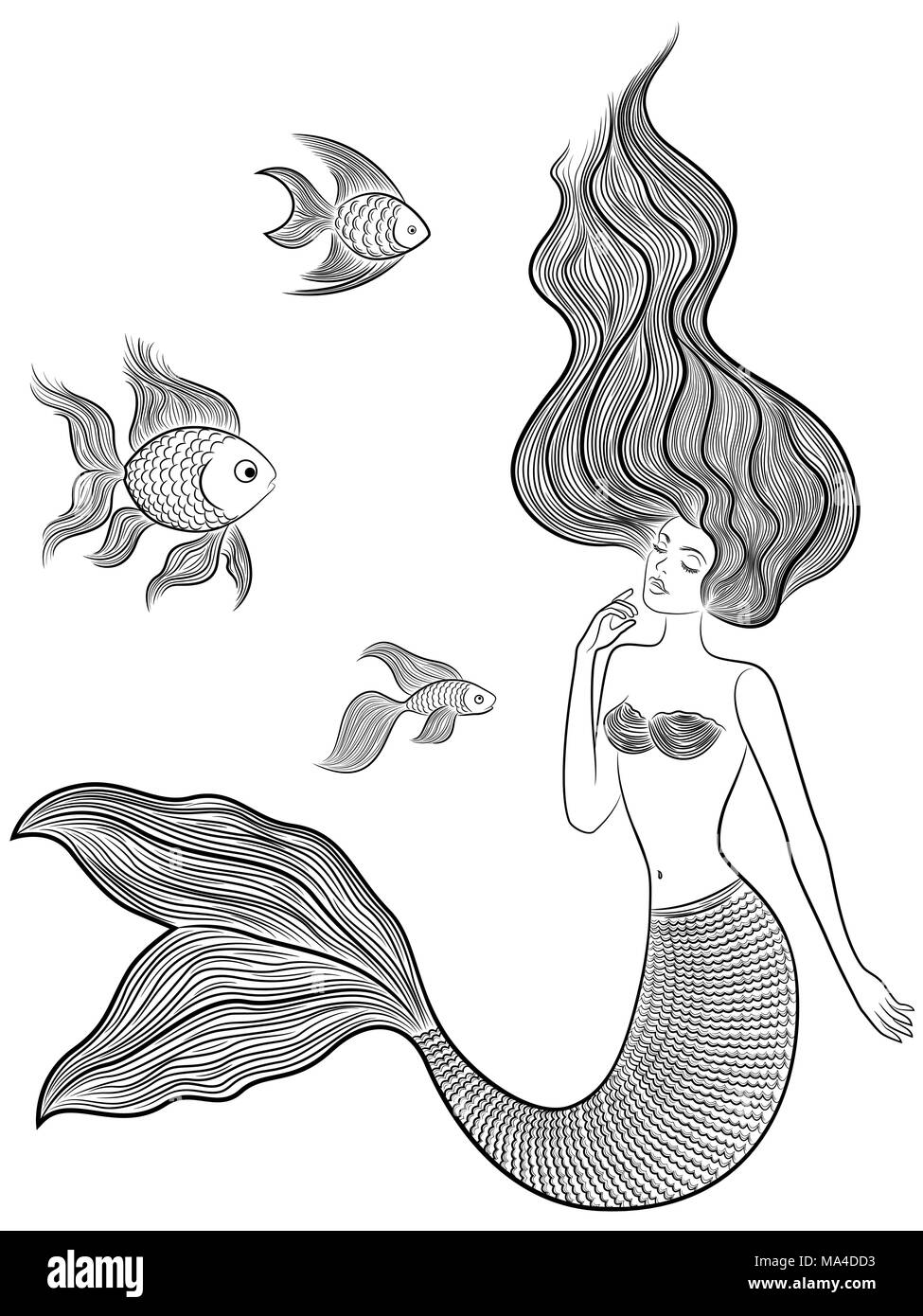 Wonder Mermaid with luxurious loose wavy hair and long scales fish tail ...