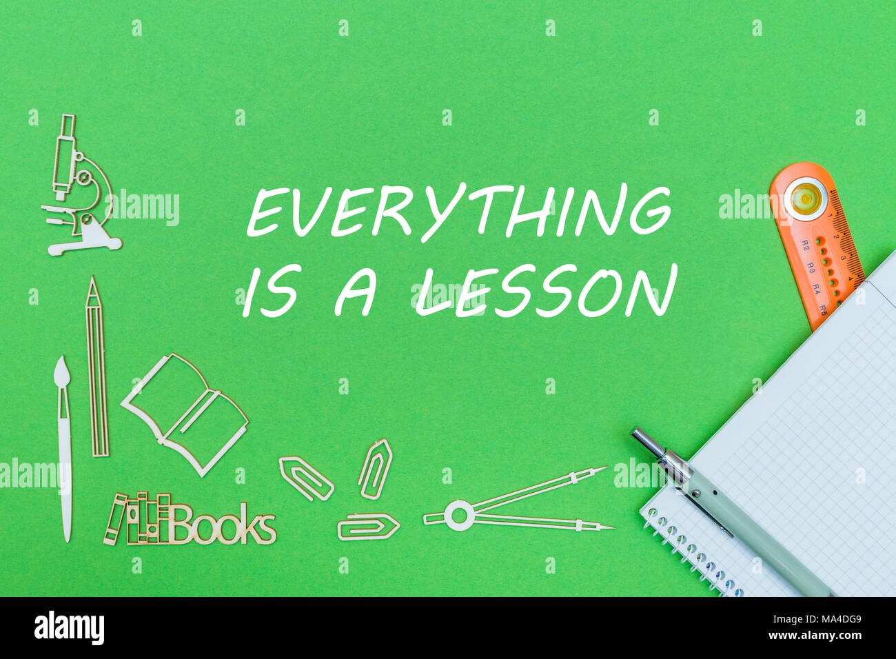 School supplies wooden miniatures, notebook, ruler and pen with text ...