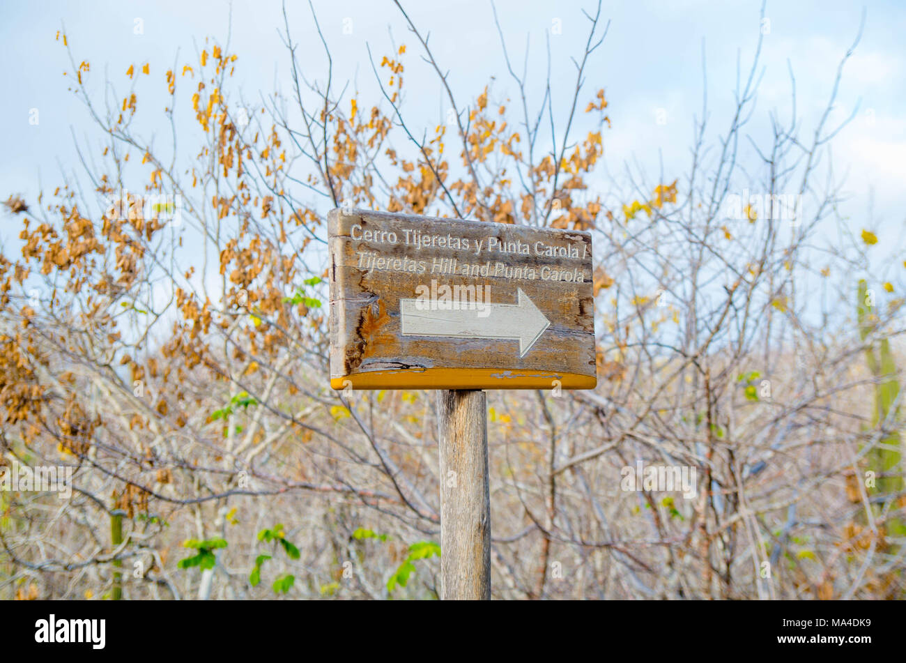 GALAPAGOS, ECUADOR, MARCH, 19 2018: Informative wooden sign at path way ...