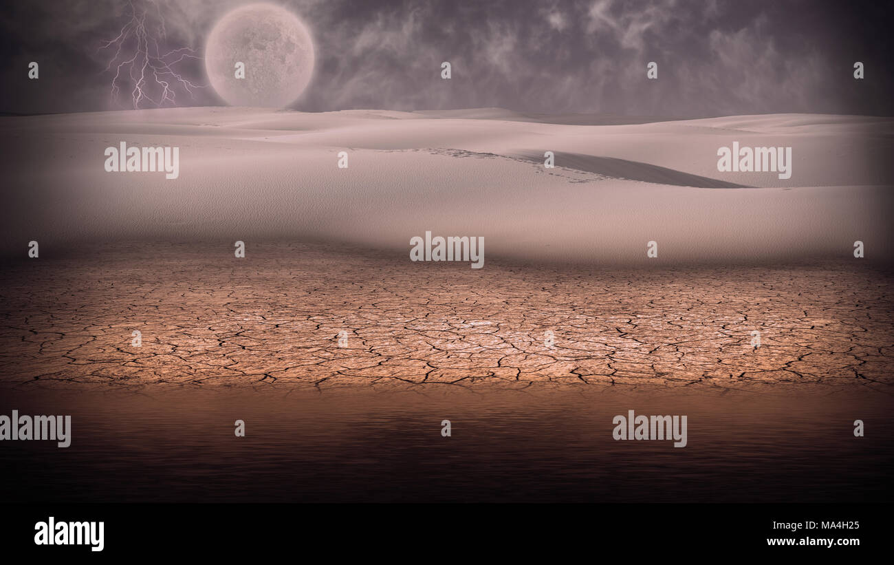 Surreal digital art. Desert shore. Storm and lightning. Full moon at ...