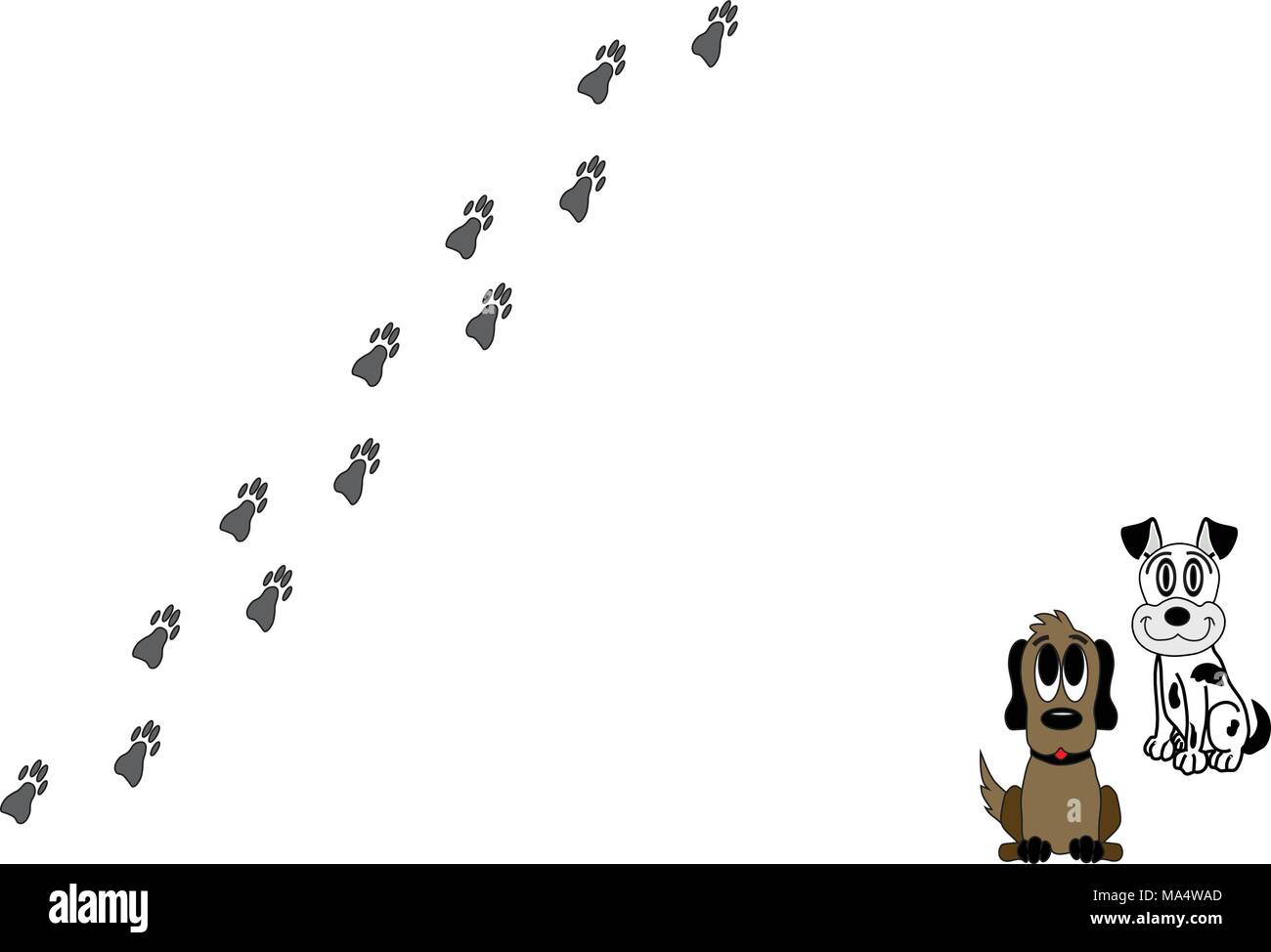 Illustrated puppy dogs with dog paw prints on white with copy space ...