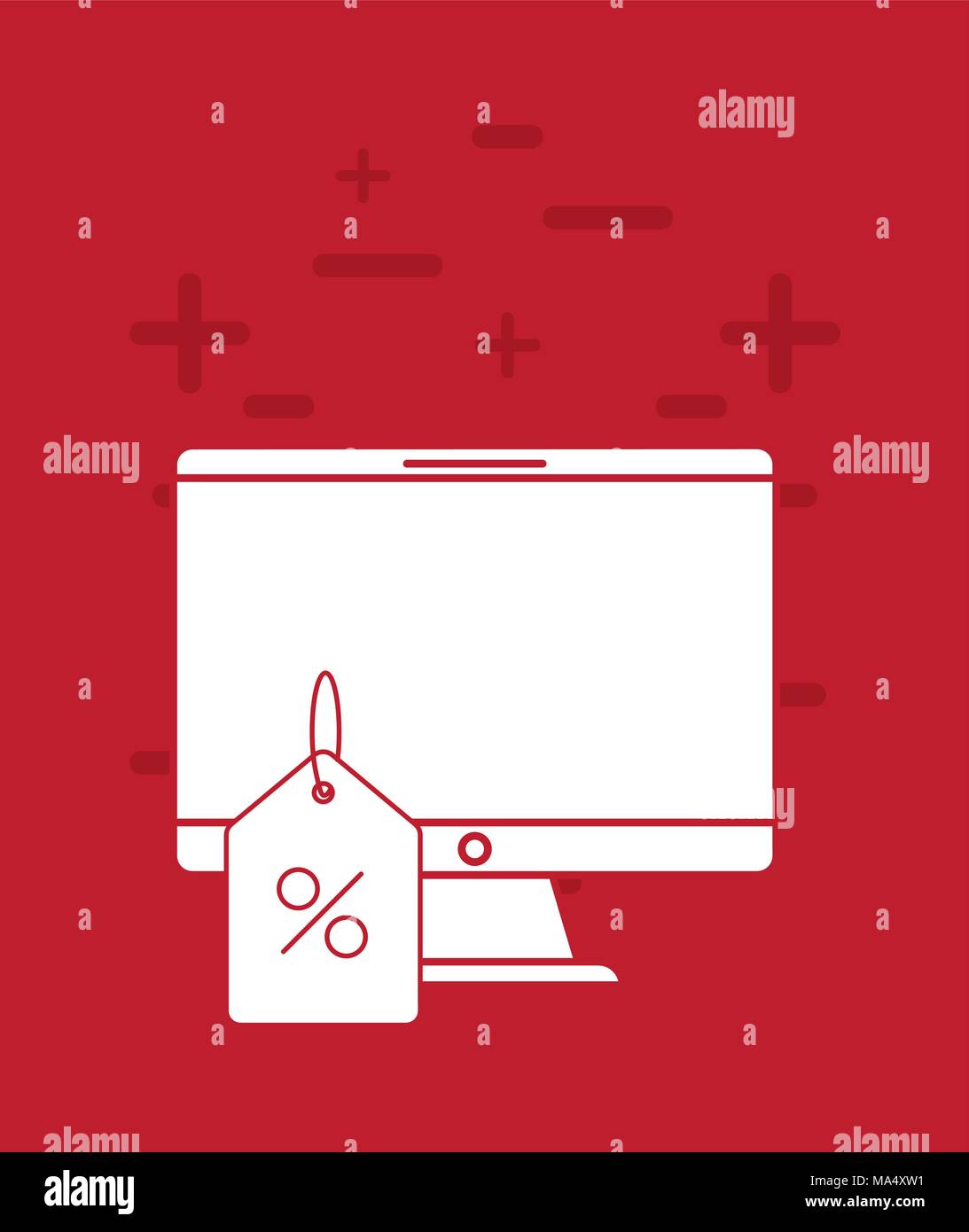 computer and price tag over red background, colorful design. vector ...