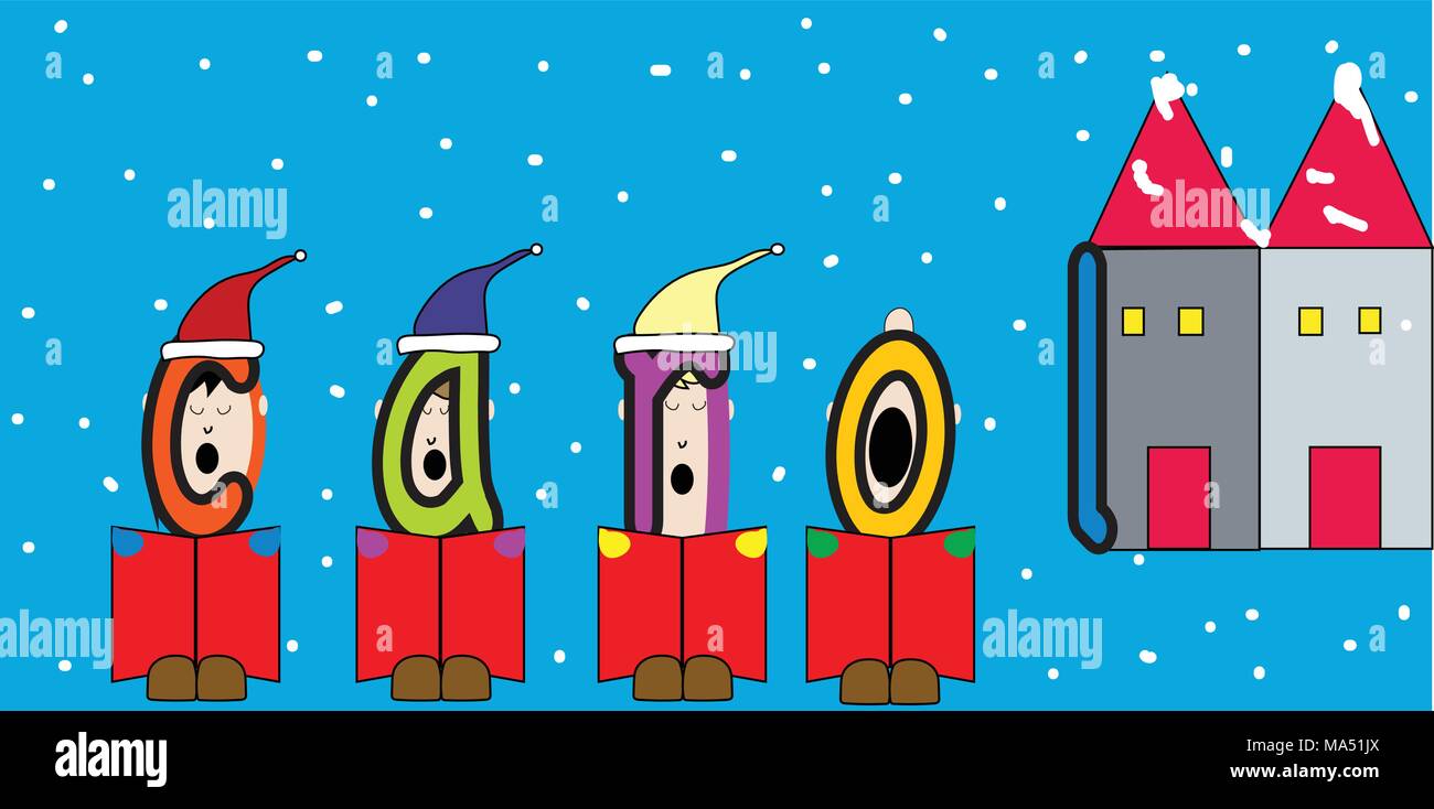 Christmas carolers illustrated around the word carol with snowy ...