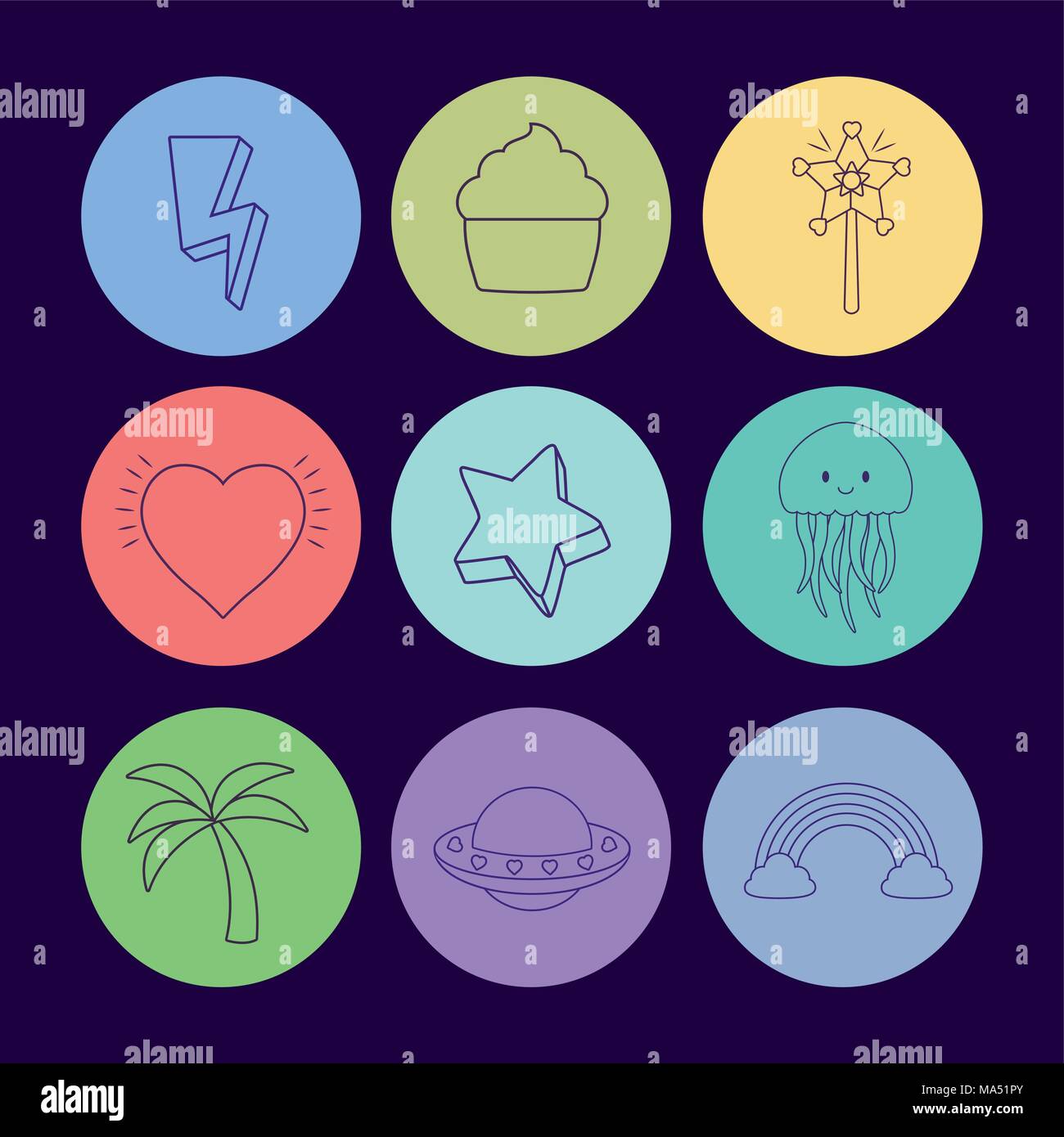 icon set of thunder and cute concept over colorful circles and blue ...