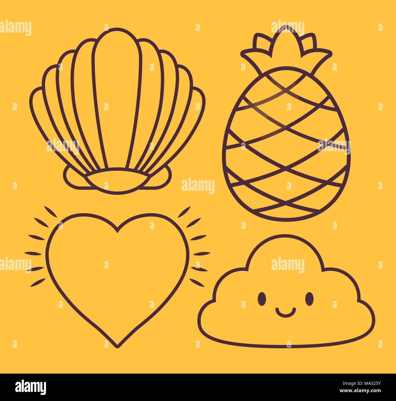 shell and cute related icons over yellow background, colorful design ...