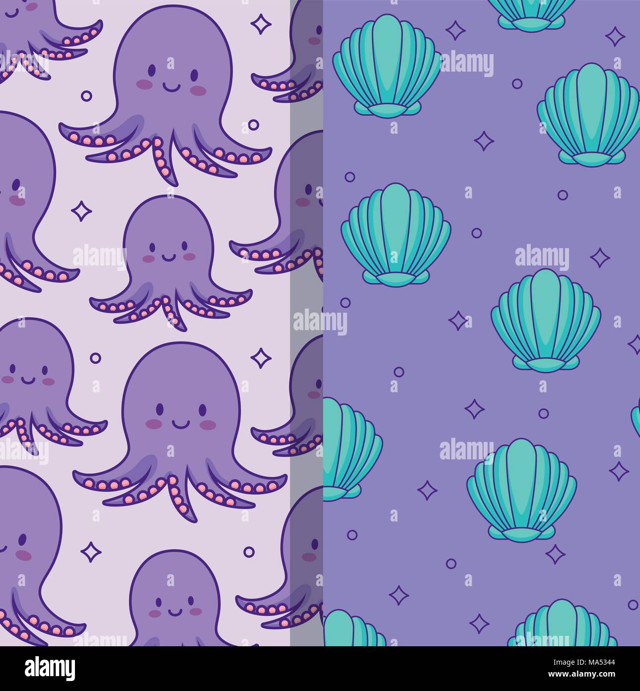Patterns of octopus and shells, colorful design. vector illustration ...