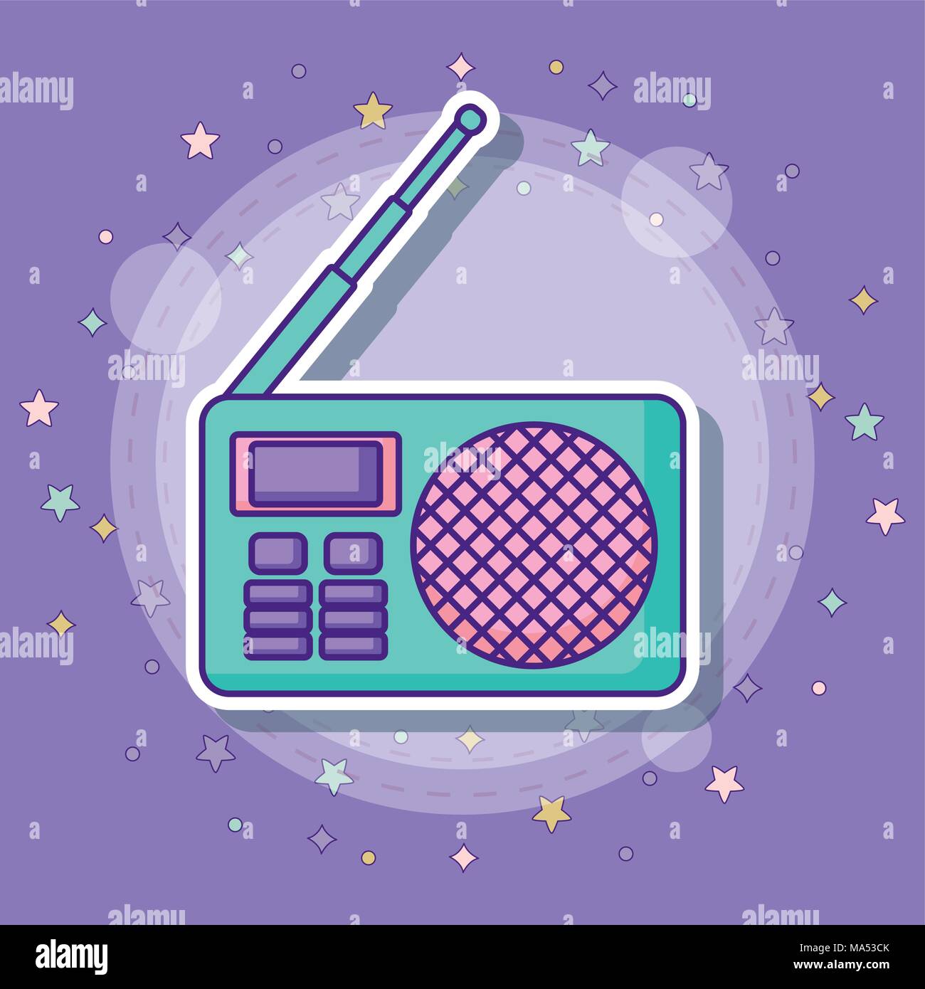 radio icon with colorful stars over purple background, vector ...