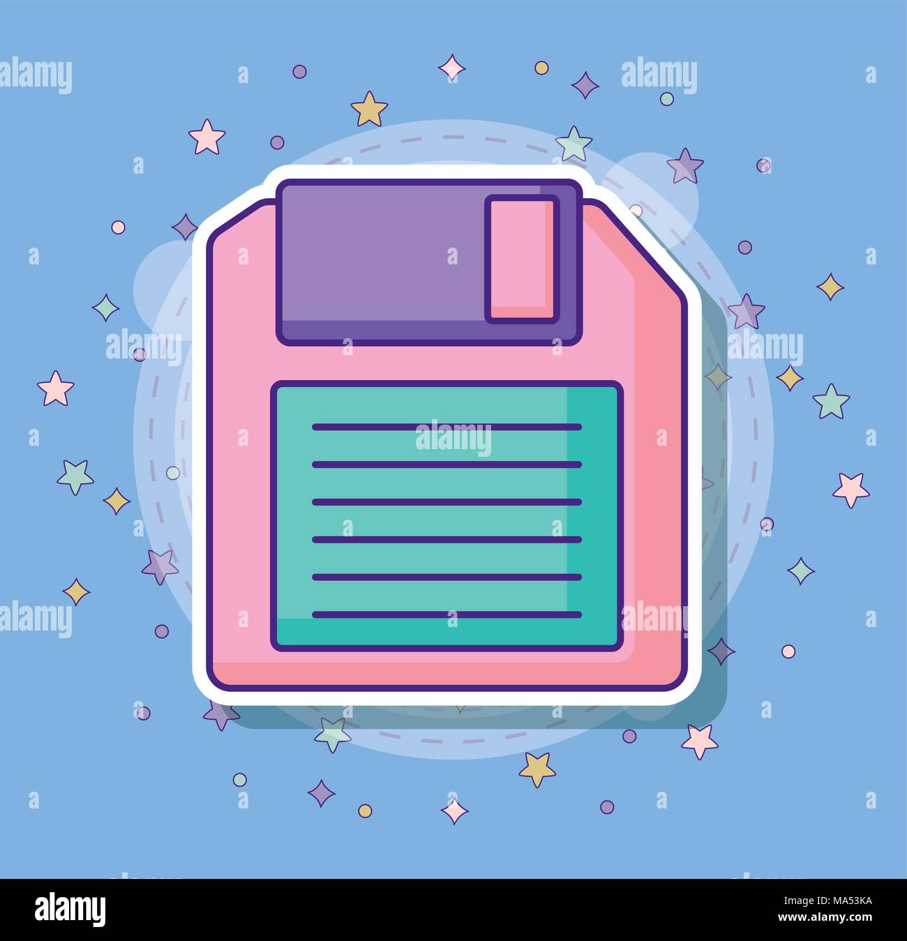 diskette icon with colorful stars over blue background, vector ...