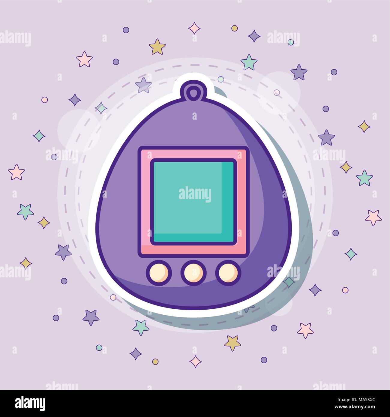 Tamagotchi icon with colorful stars over purple background, vector ...