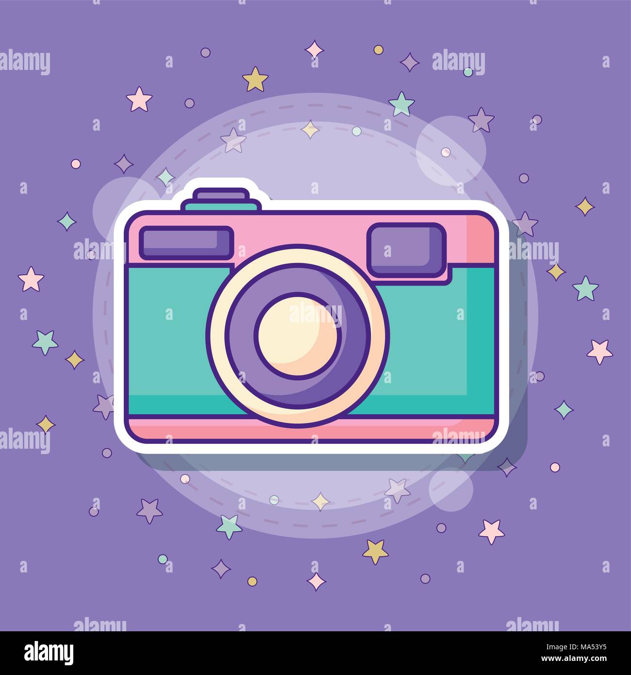 photographic camera icon with colorful stars over purple background ...