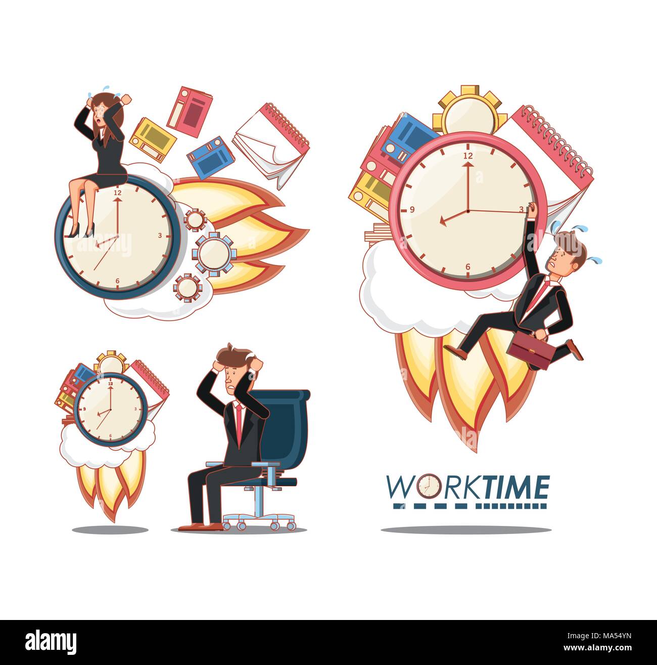 businesspeople avatars with work time elements vector illustration ...