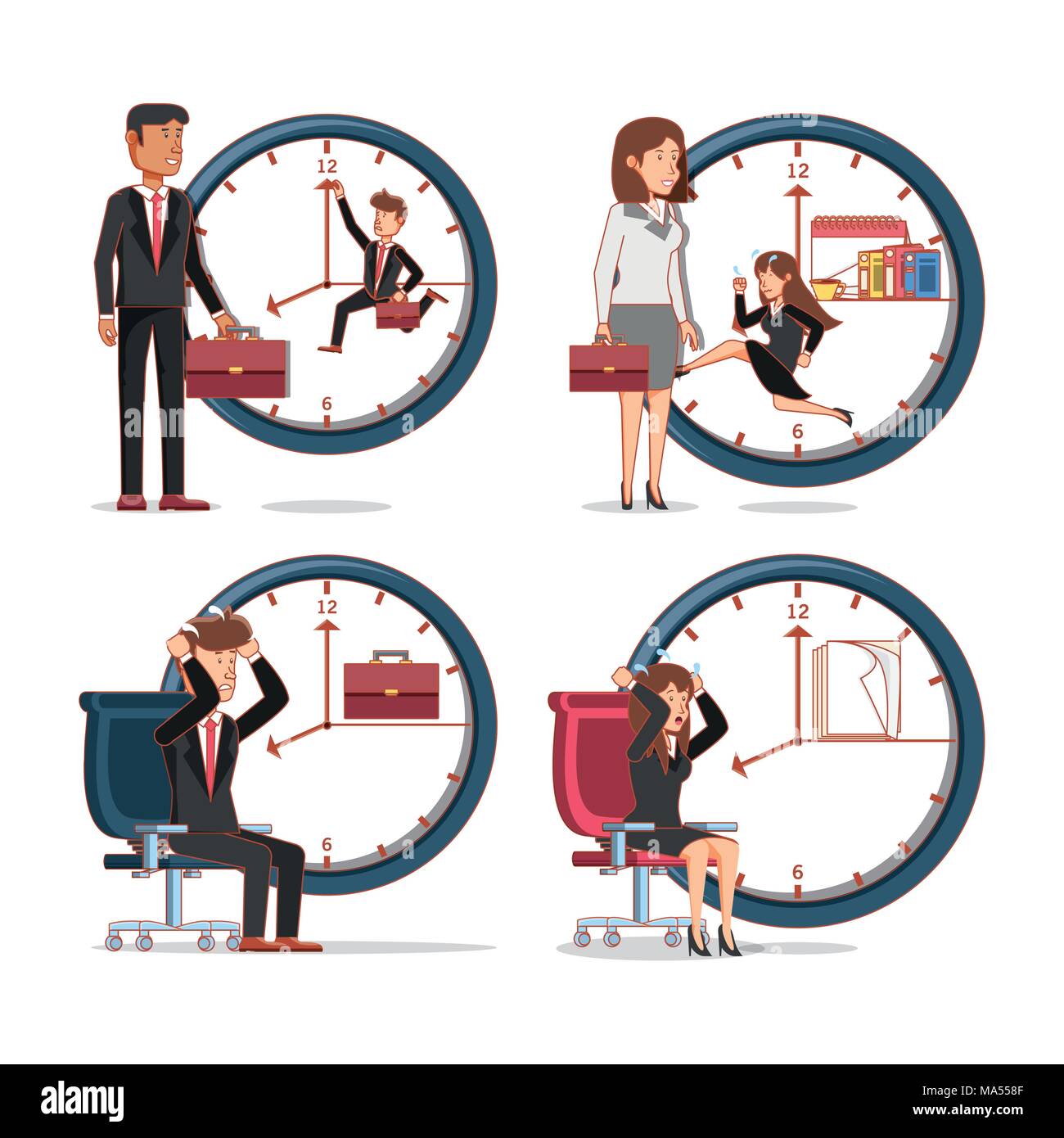businesspeople avatars with work time elements vector illustration ...