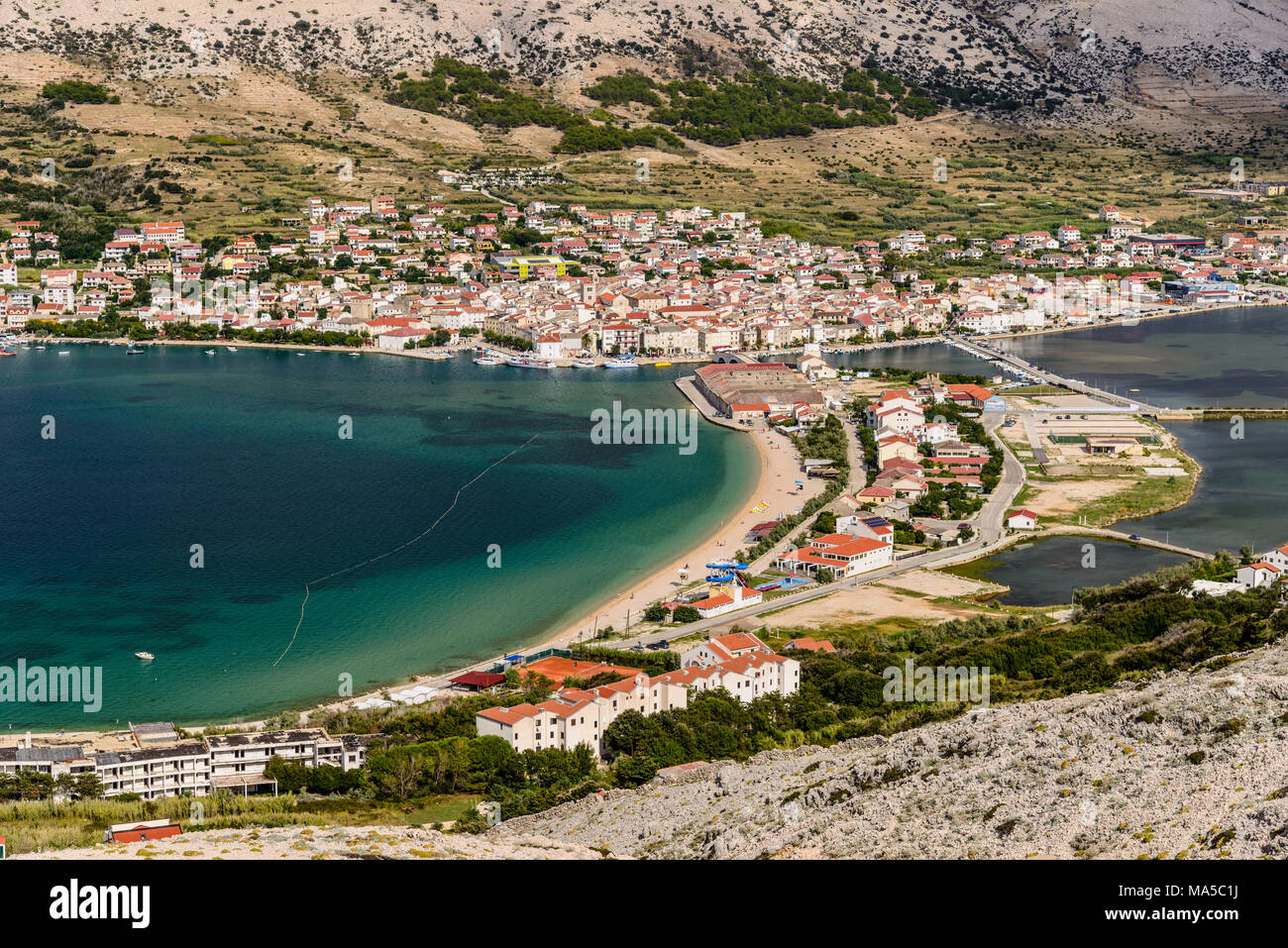 Croatia, Dalmatia, Pag island, Pag (town), view over the village Stock ...