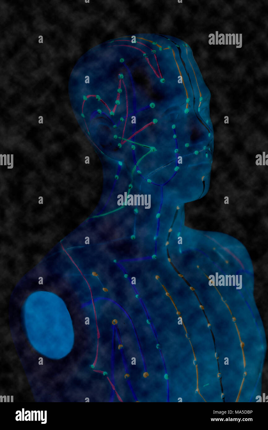 Medical acupuncture model of human on black background Stock Photo - Alamy