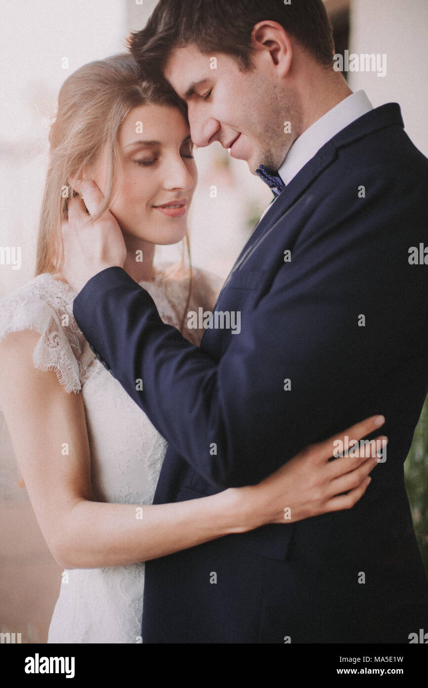 Bridal couple in love, standing, hug, detail Stock Photo - Alamy