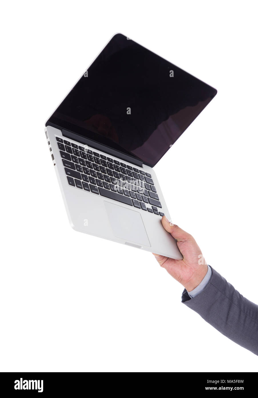 hand holding laptop isolated on a white background Stock Photo - Alamy