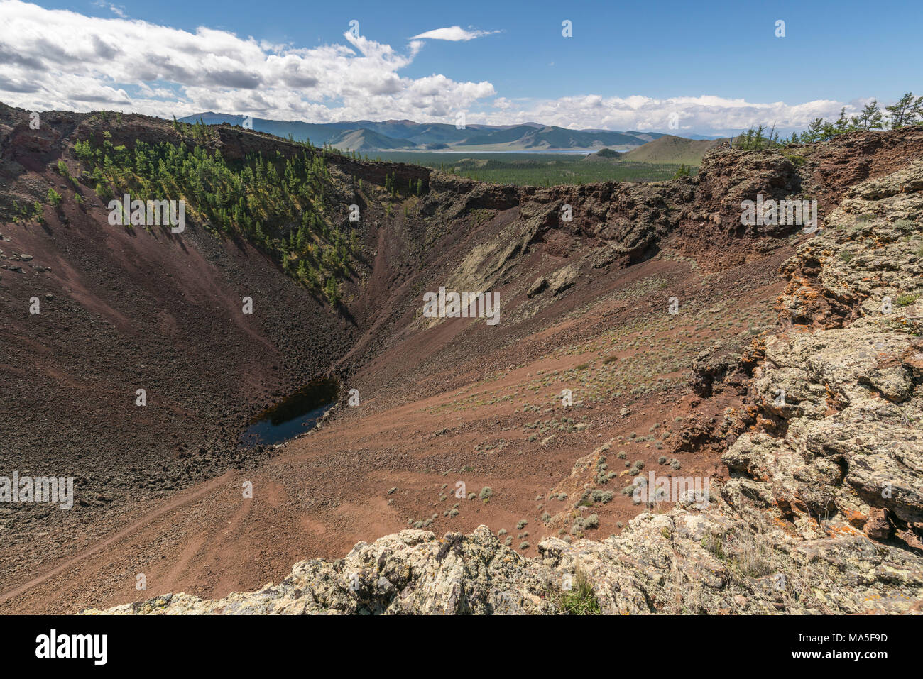 Khorgo volcano crater and White Lake in the background. Tariat district ...