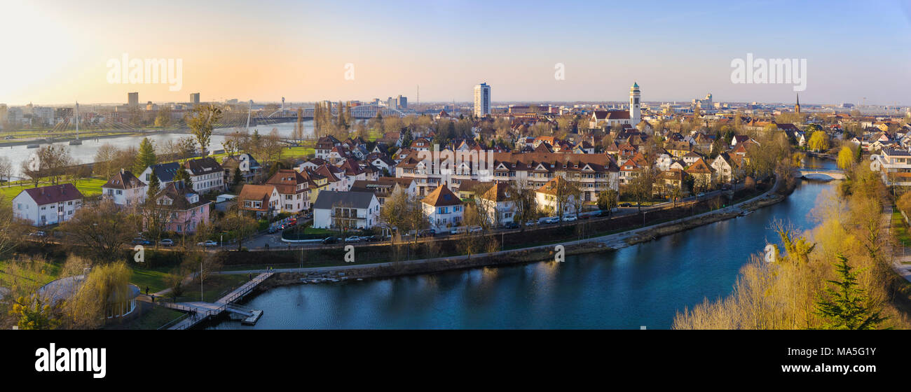 Beautiful overlook on the cityscape of Kehl on evening with the Rhine ...