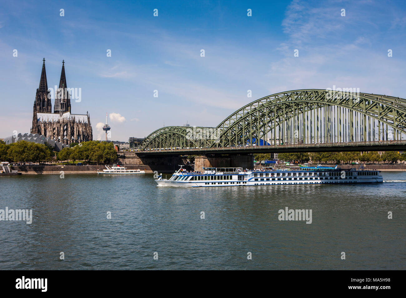 Rhine bridge and Cathedral of Cologne above the Rhine, Germany Stock ...