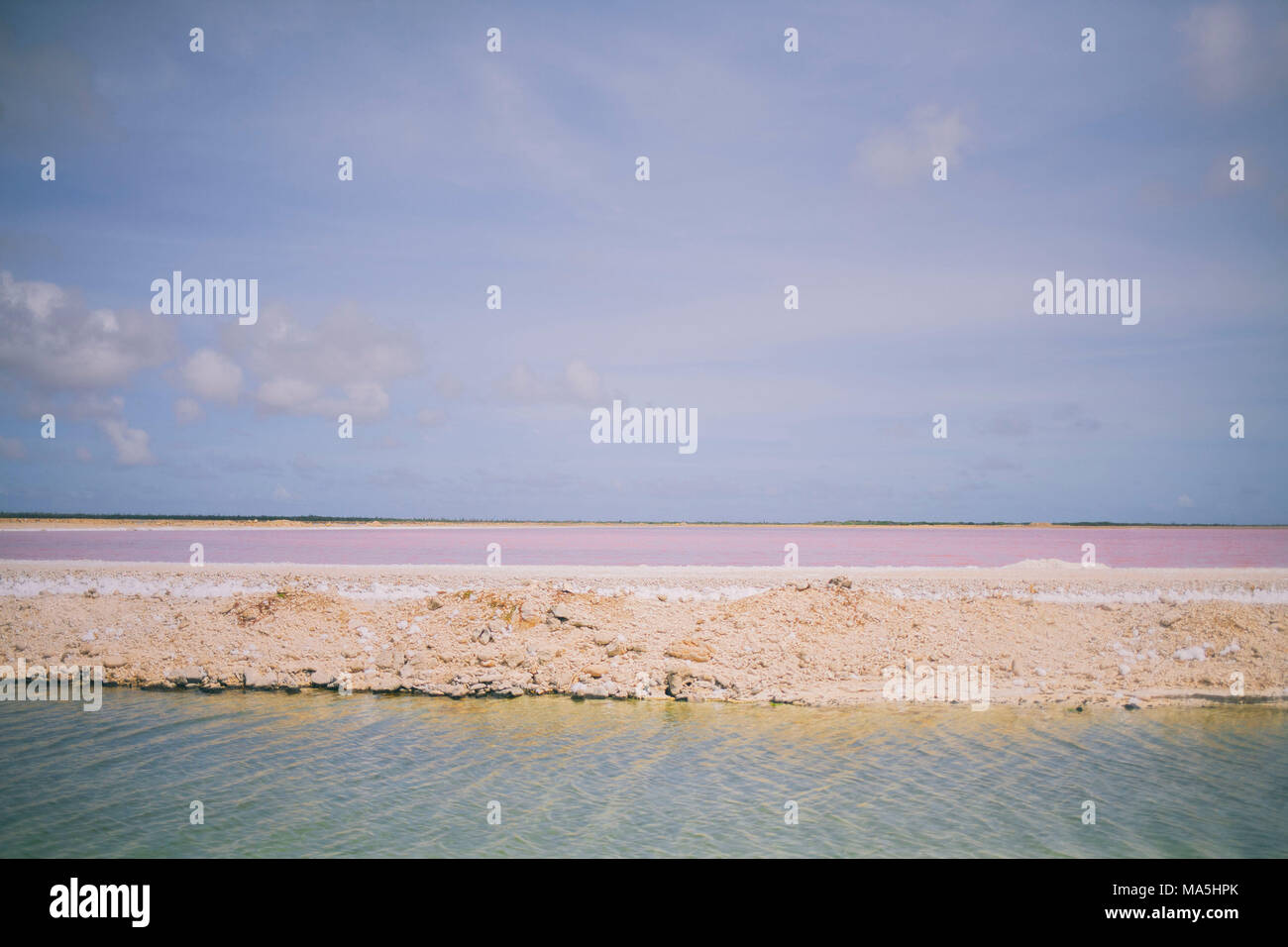 Pink salt lake and green water on bonaire island hi-res stock ...