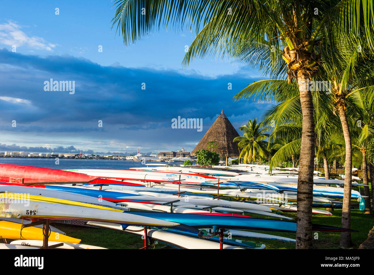 Many kayaks on the beach of Papeete, Tahiti, French Polynesia Stock ...