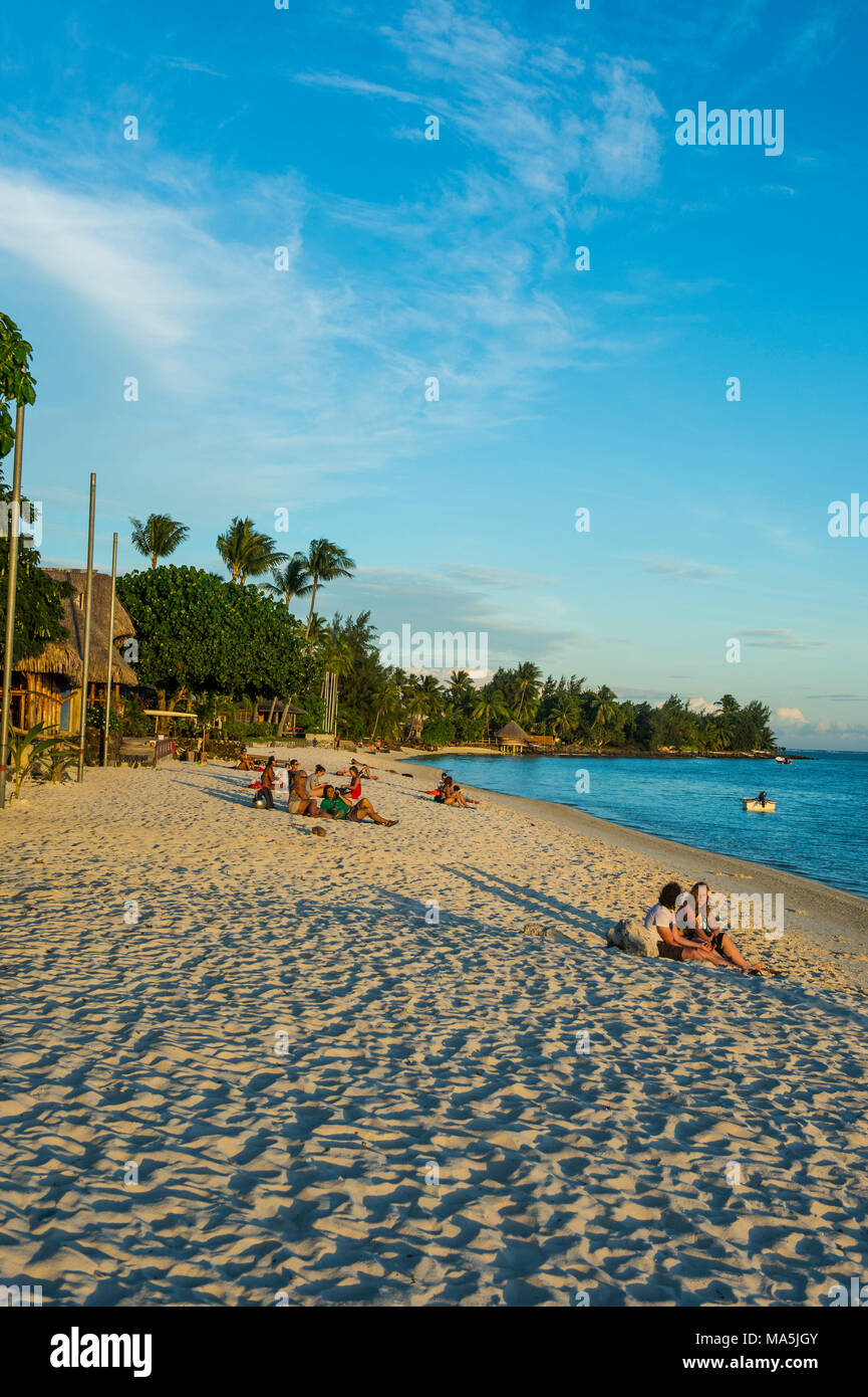 Matira Point beach at sunset, Bora Bora, French Polynesia Stock Photo ...