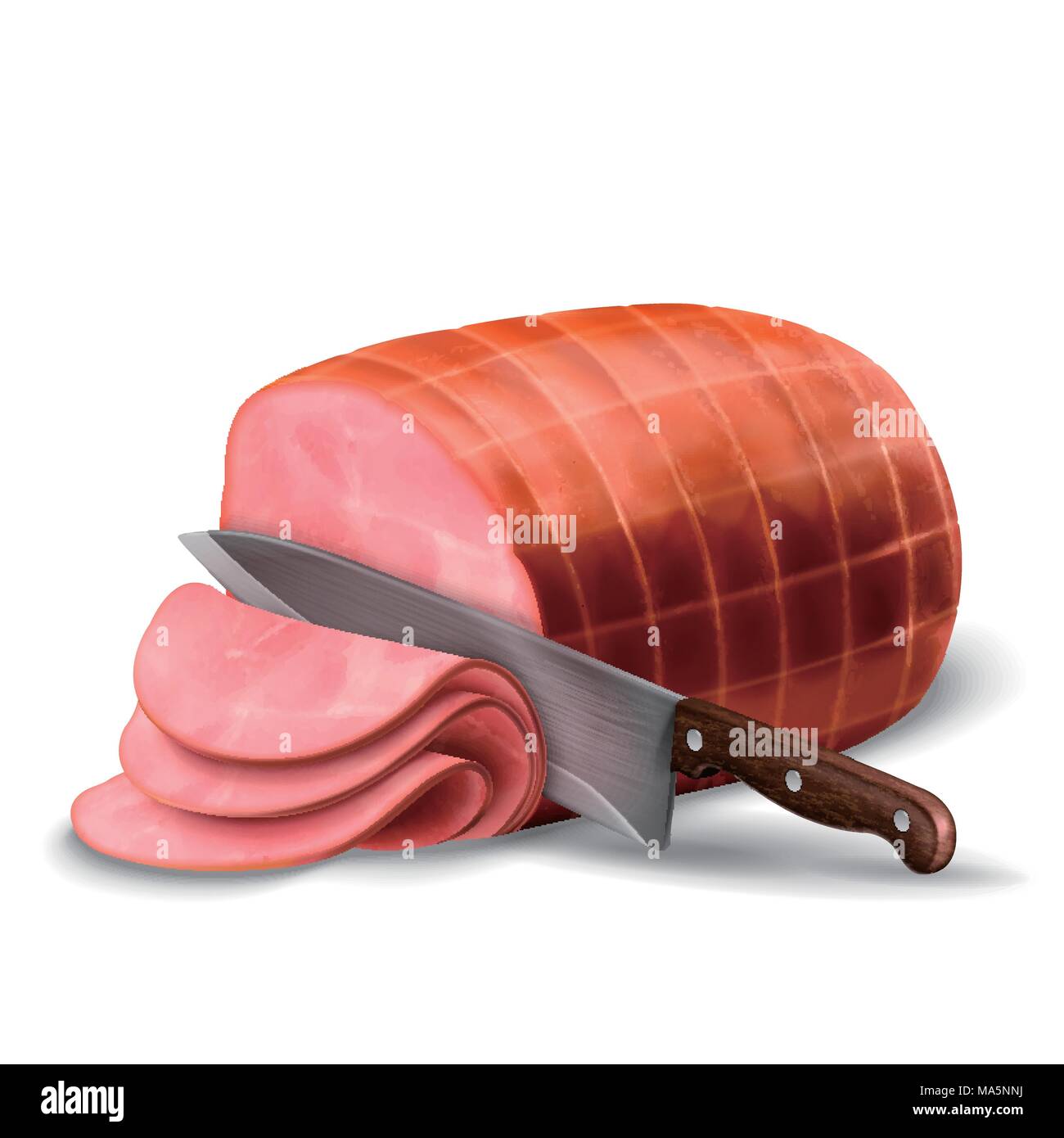 Smoked ham isolated, delicious sliced ham with knife in 3d illustration ...