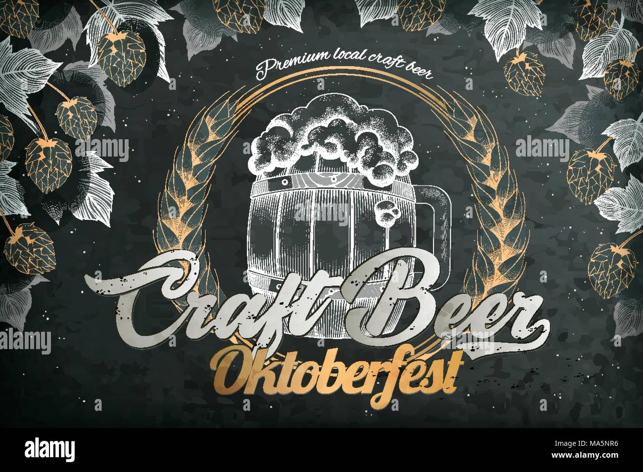 Craft beer ads, retro engraving style beer barrel and hops elements for ...