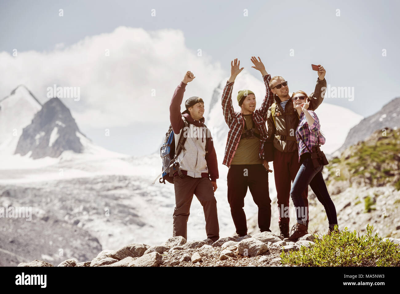Group happy friends makes selfie mountains adventure expedition Stock ...