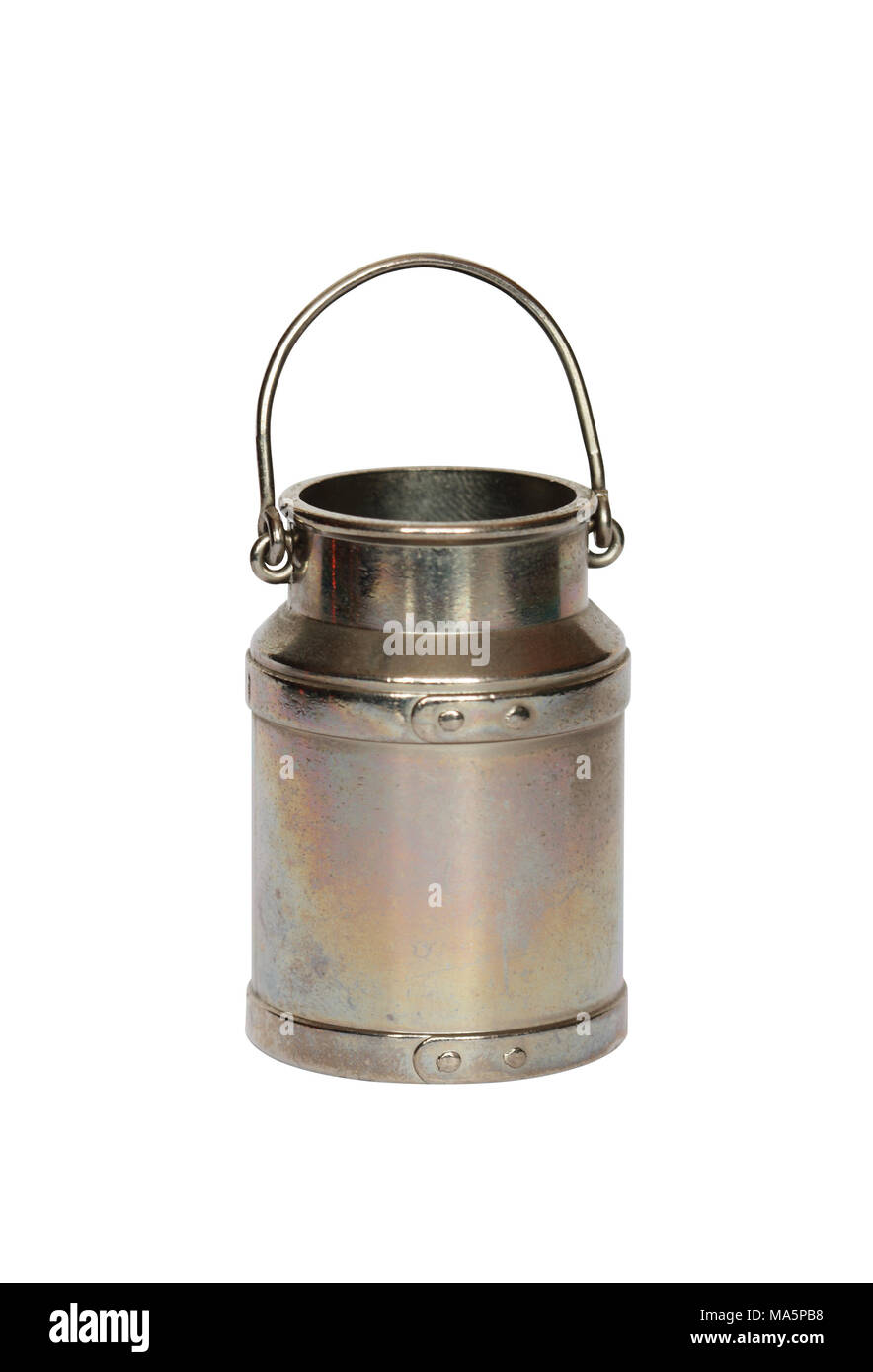 Miniature model of retro metal milk can isolated on white with clipping ...