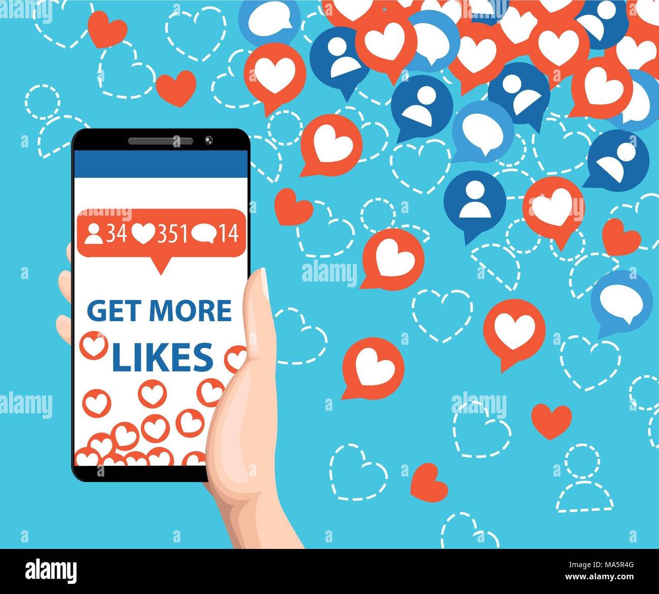 Get more likes. Smartphone pulling like. SEO concept. Hand holding ...