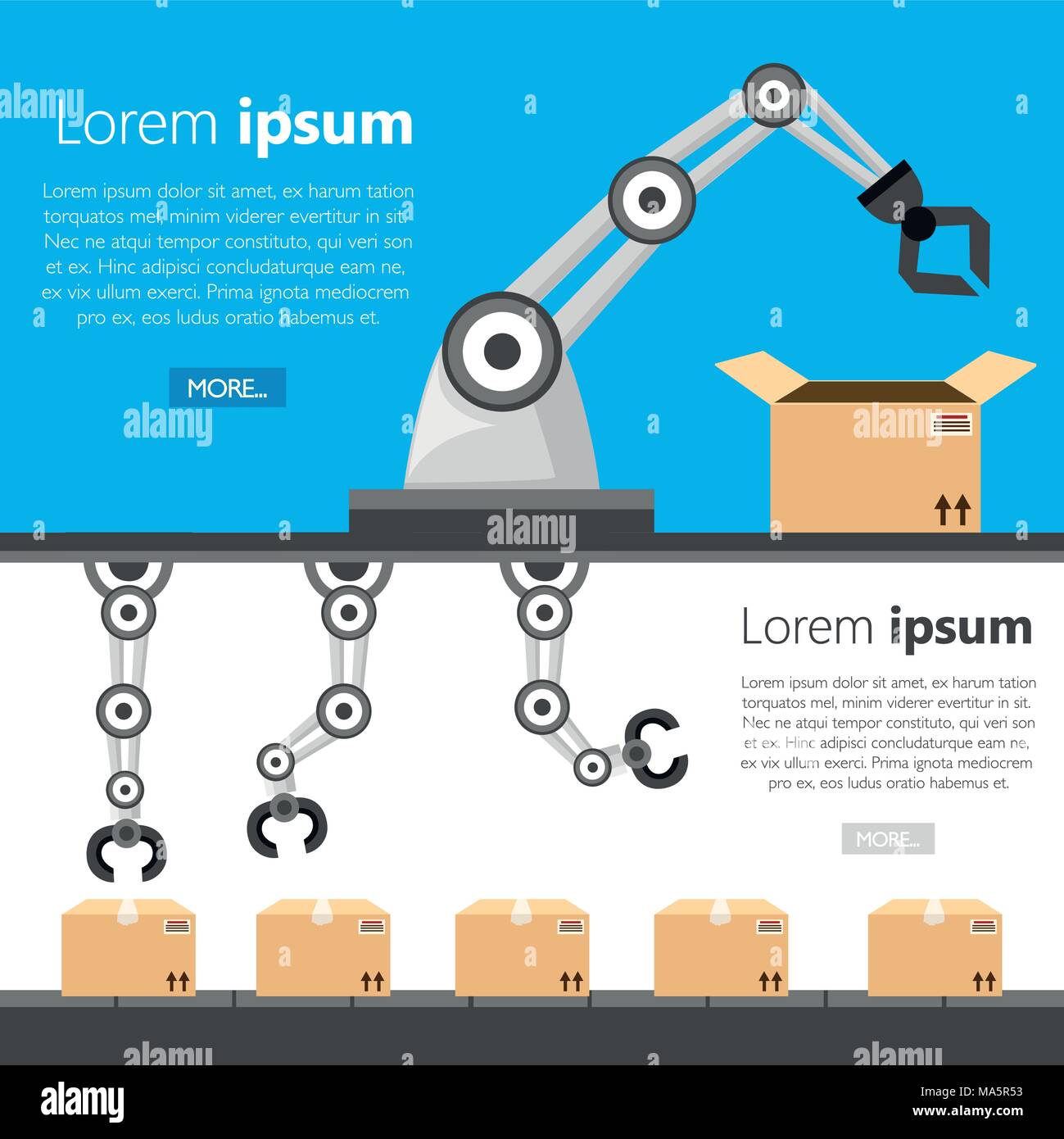 Set of robotic arms. Robotic arm manufacture. Packaging concept. Cartoon style icon. Vector ...