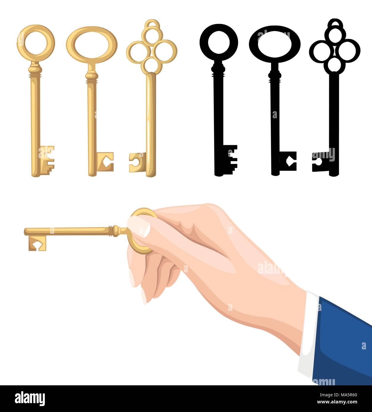 Businessman hand holding key. Golden and black keys on background ...