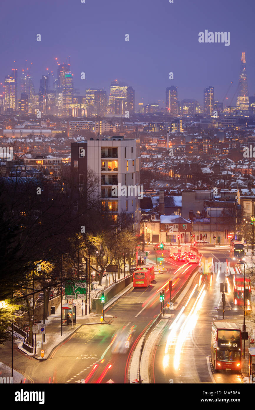 Winter skyline of the London Central Business District, traffic on ...