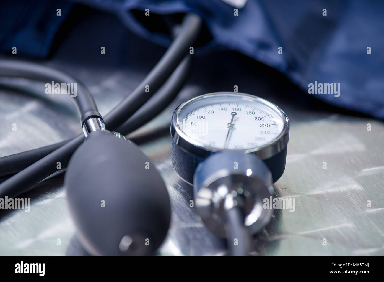 Close up of tensiometer over a metallic table, medical concept Stock ...