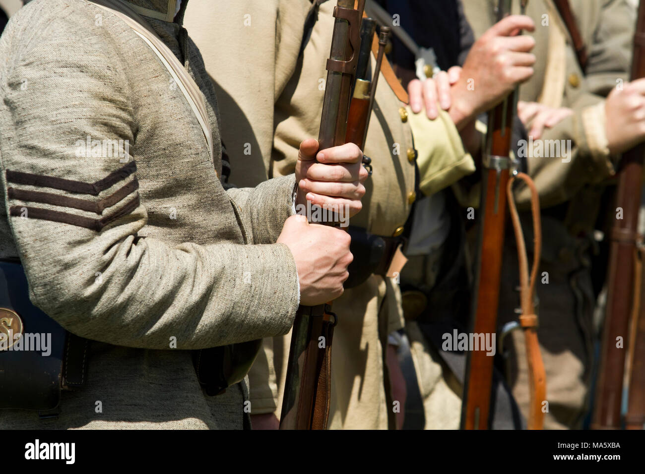 American Civil War Confederate Infantry reenactors closeup Stock Photo ...
