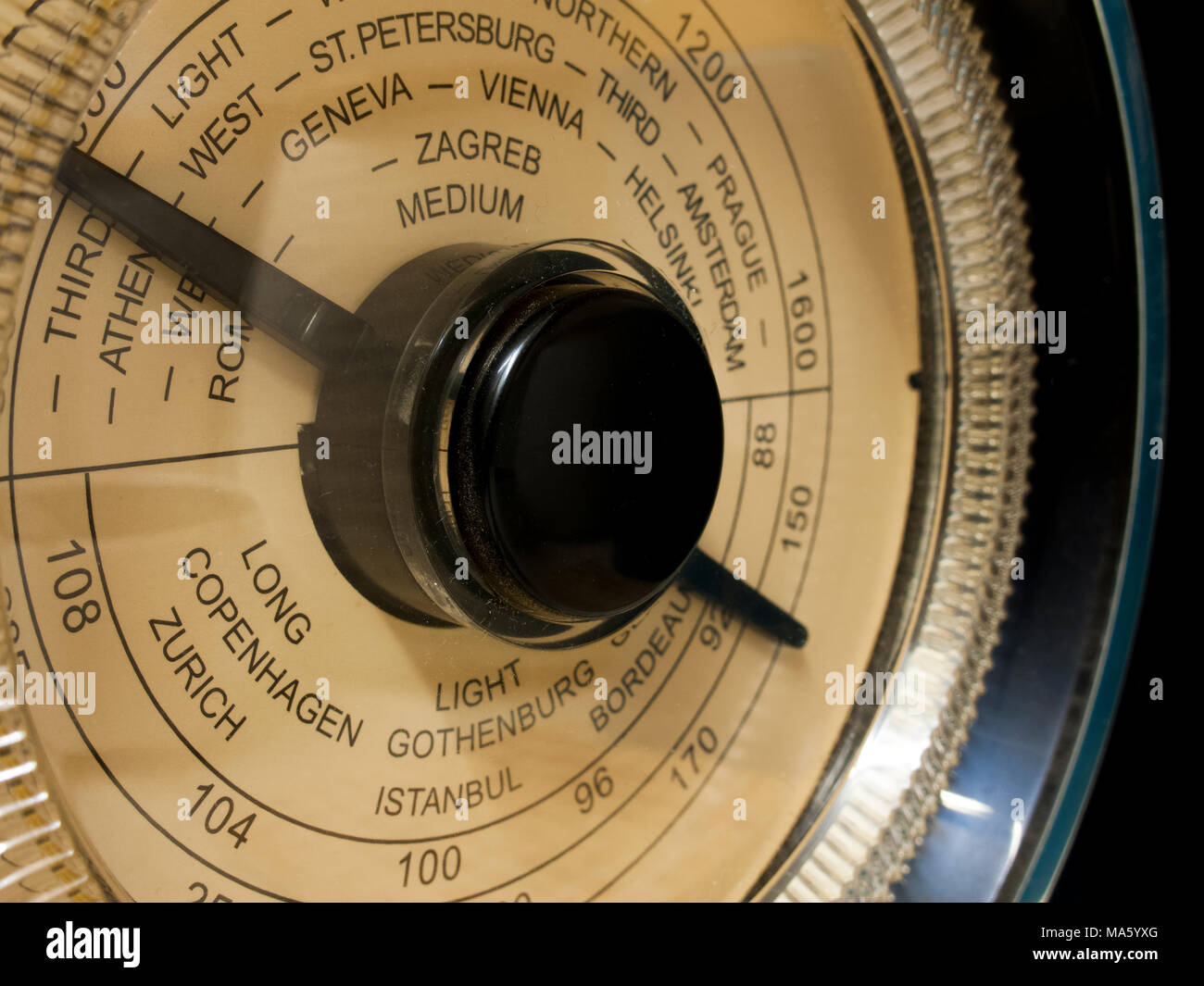 Retro vintage radio dial with various European cities and wavelengths ...