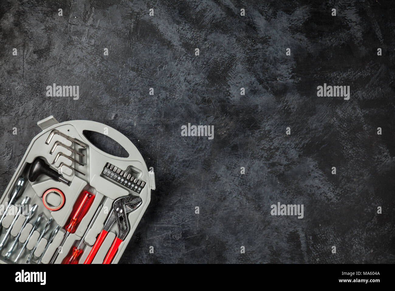 DIY Tools set box with different types of wrenches, hammer and pliers ...