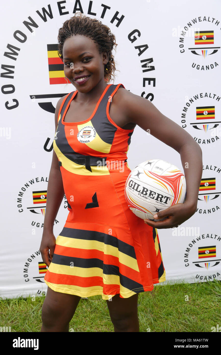 A Ugandan national netball team tries out her Gilbert outfit ahead of ...