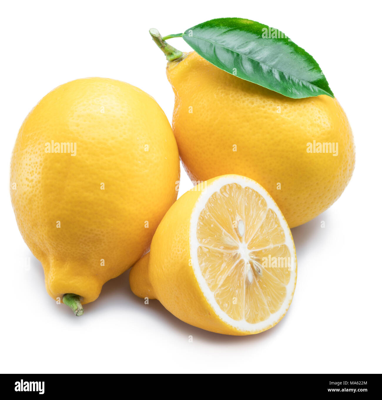 Ripe lemon fruits with lemon leaf on the white background Stock Photo ...