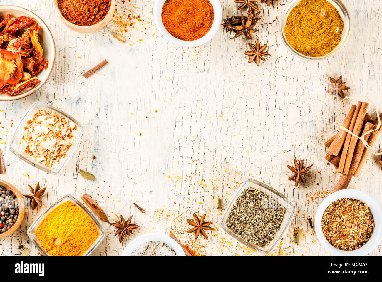 Set of various spices on light concrete background. Copy space. top ...