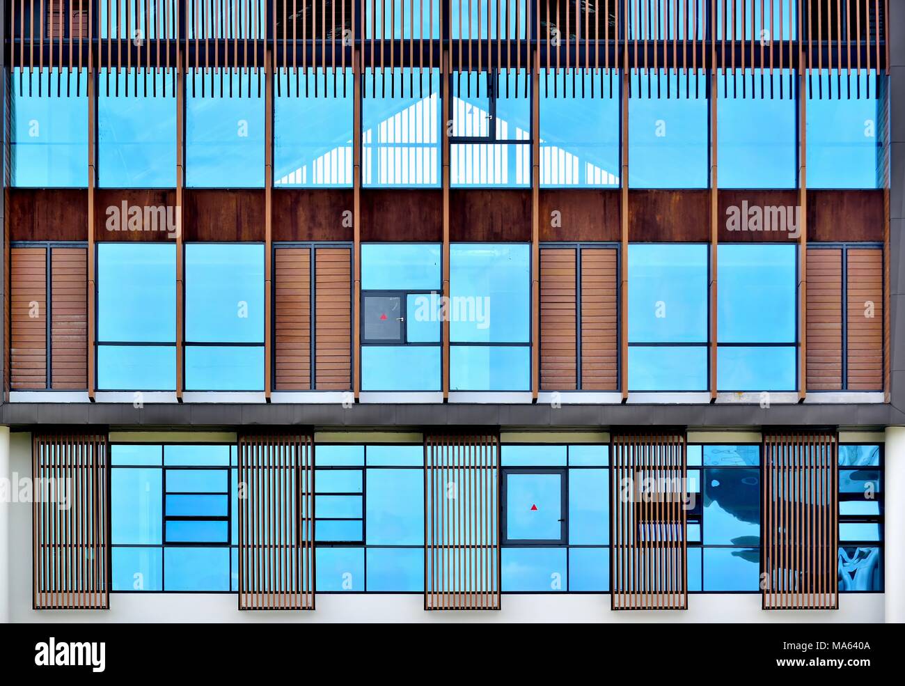 Front view of modern luxury house with blue glass windows and unique ...