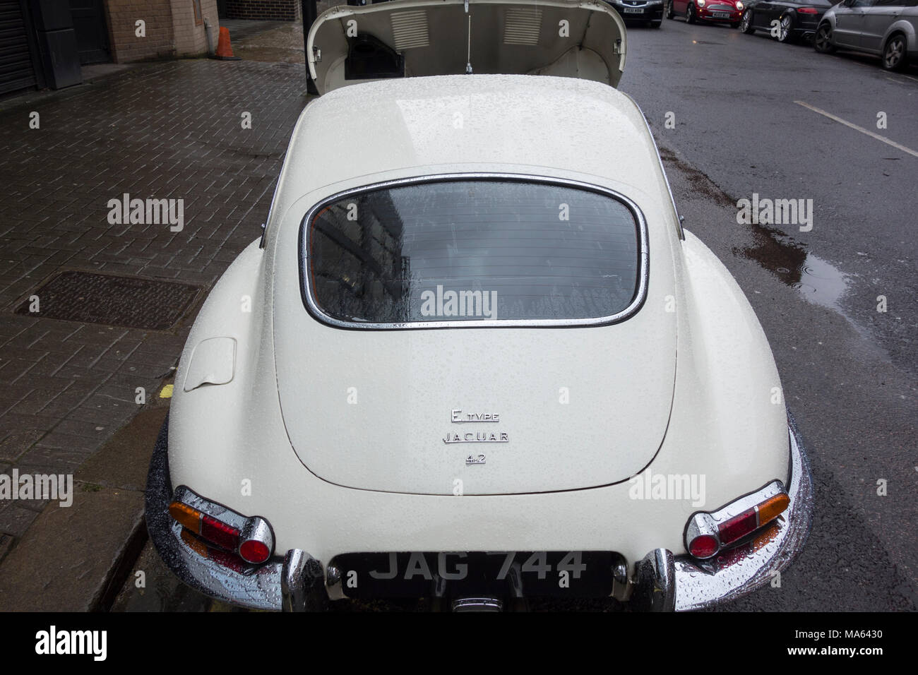 A broken down Jaguar E-type 4.2 litre classic sports car in London, UK ...