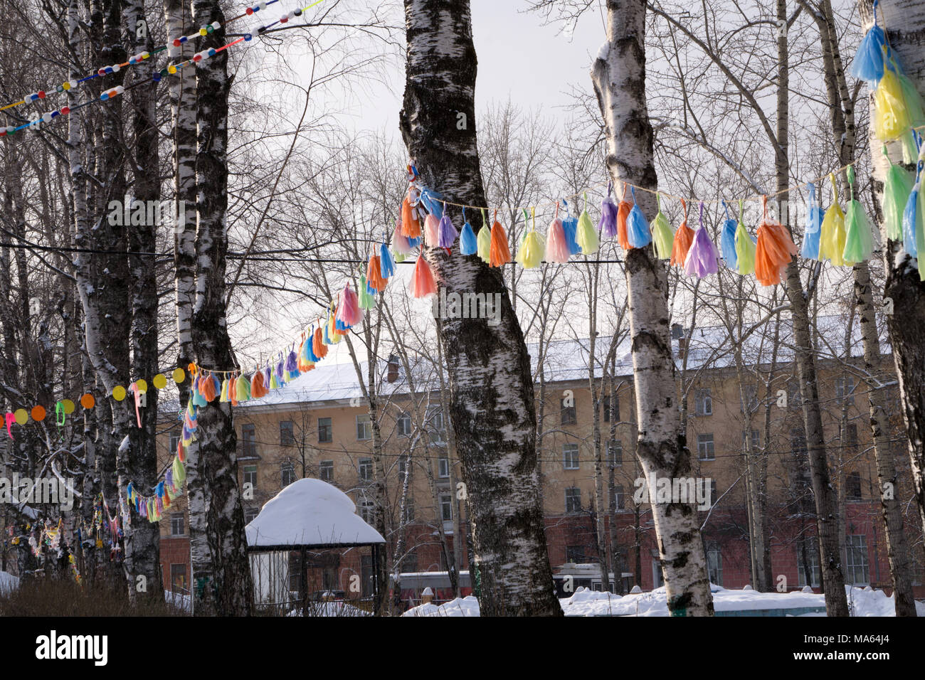 Garland decoration at the fair. Decorations of colorful pennants and ...