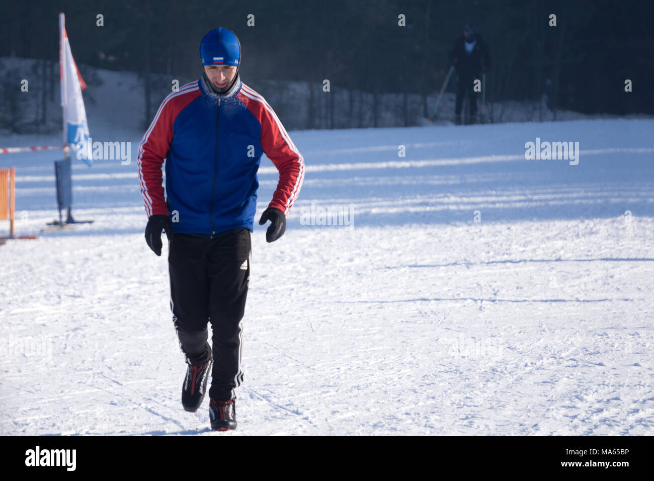 Man running on snow during cold winter - Russia Berezniki 11 March 2018 ...
