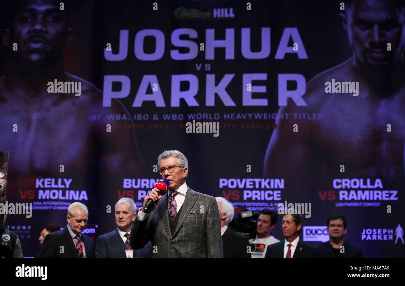 Ring announcer Michael Buffer during the weigh in at the Motorpoint ...
