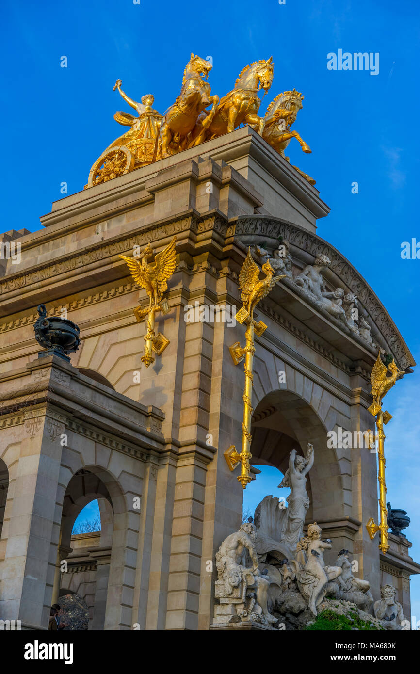 Golden horses and gargoyles in the Citadel Park in Barcelona, Catalonia ...