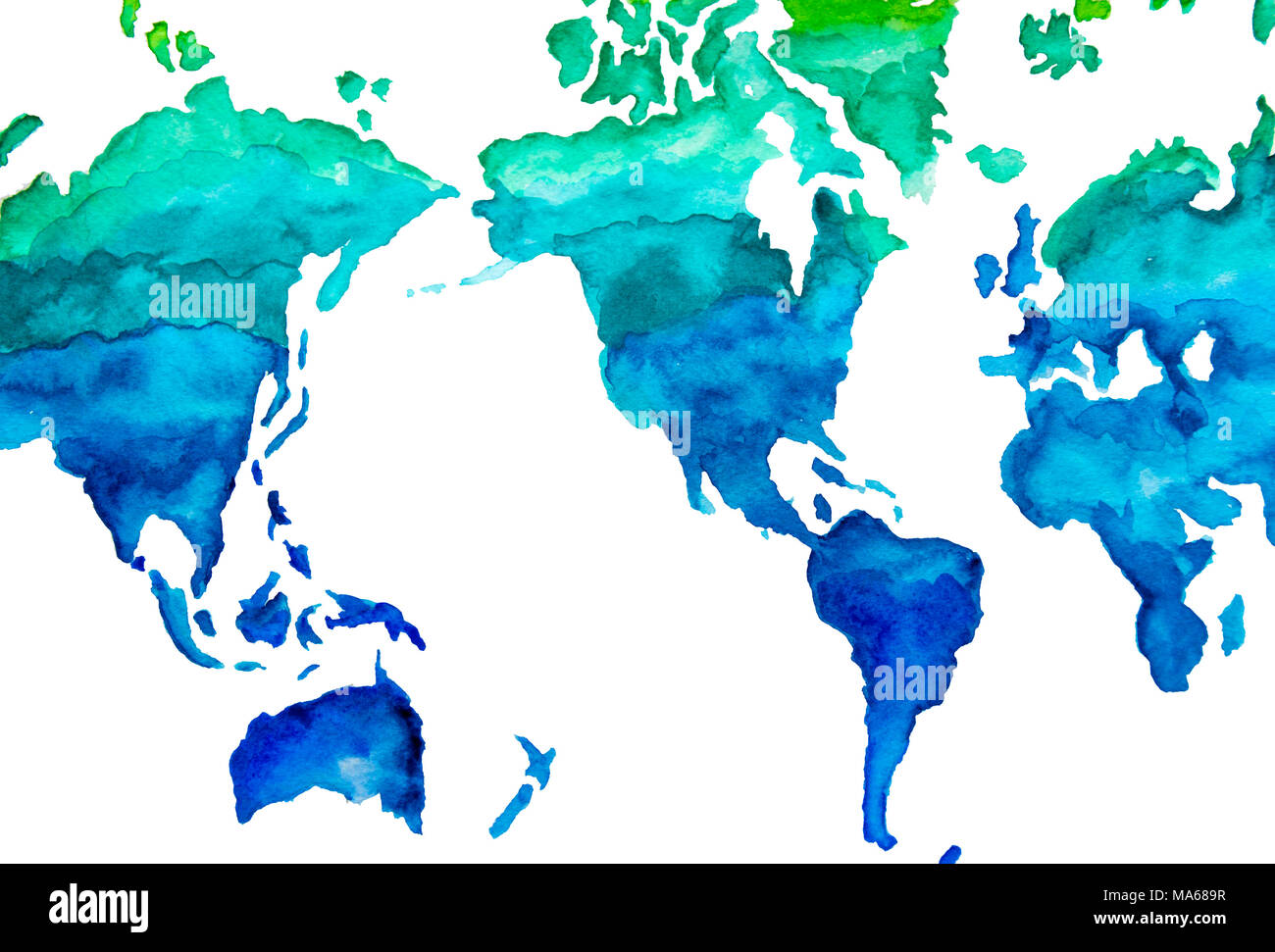 Watercolor map of the world. Green and blue illustration Stock Photo ...