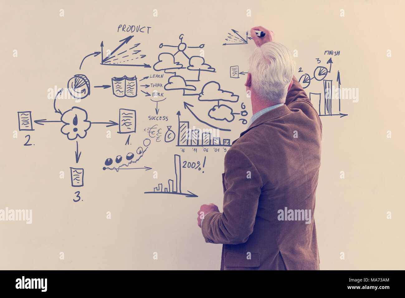 portrait of confident teacher solving problems on whiteboard in ...