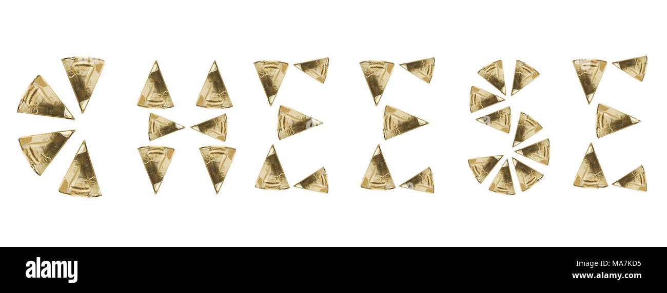 cheese word made of melted cheese triangle set isolated on white Stock ...